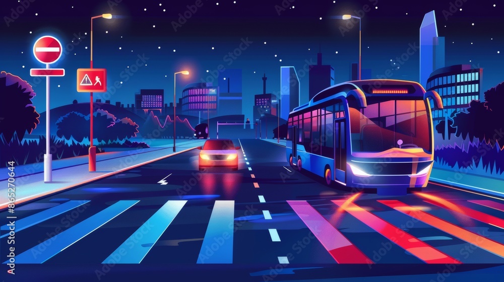 In the night city, an autonomous smart bus and car travel without a ...