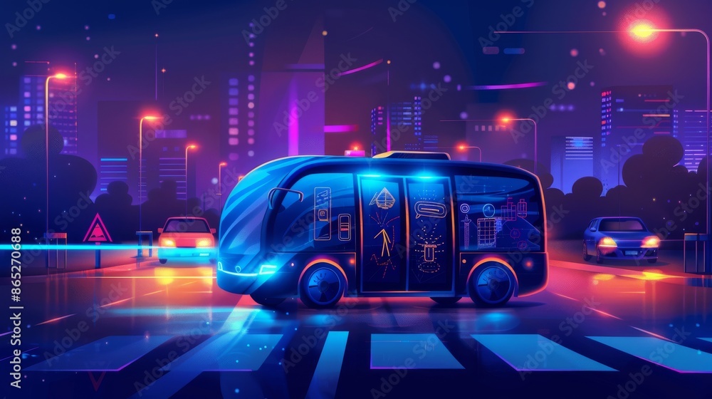 Autonomous smart buses and cars ride through the night city. The smart ...
