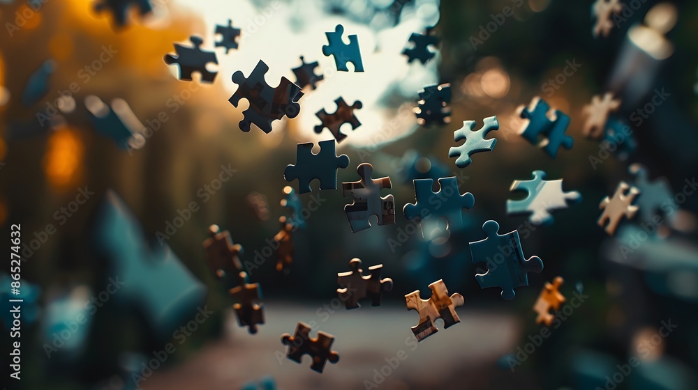 Floating Puzzle Pieces: Several puzzle pieces floating in mid-air ...