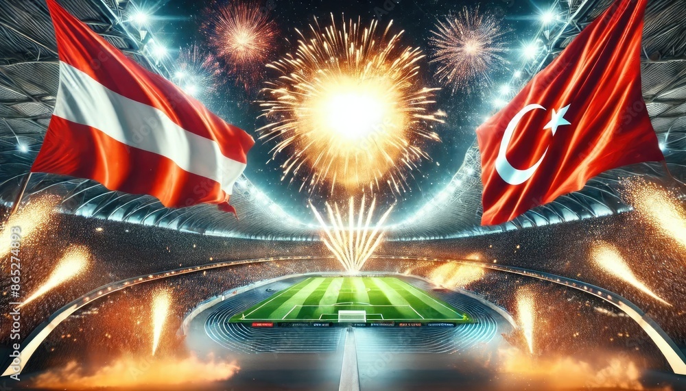 Austria vs Turkey football match, Austrian flag, Turkish flag, stadium ...