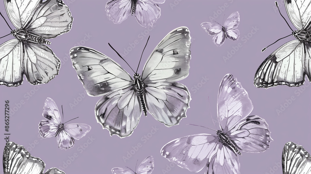 A lavender and silver butterfly pattern wallpaper, with each butterfly ...
