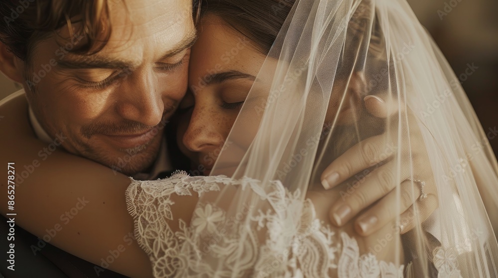 The bride and groom hug each other inside. The stunning bride wears a ...