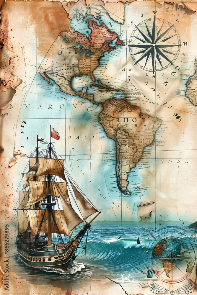 Vintage Treasure map antique nautical chart navigation map pattern on ...