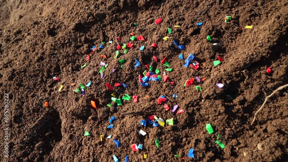 Microplastic pollution. Microplastics in ground. Soil contaminated with ...