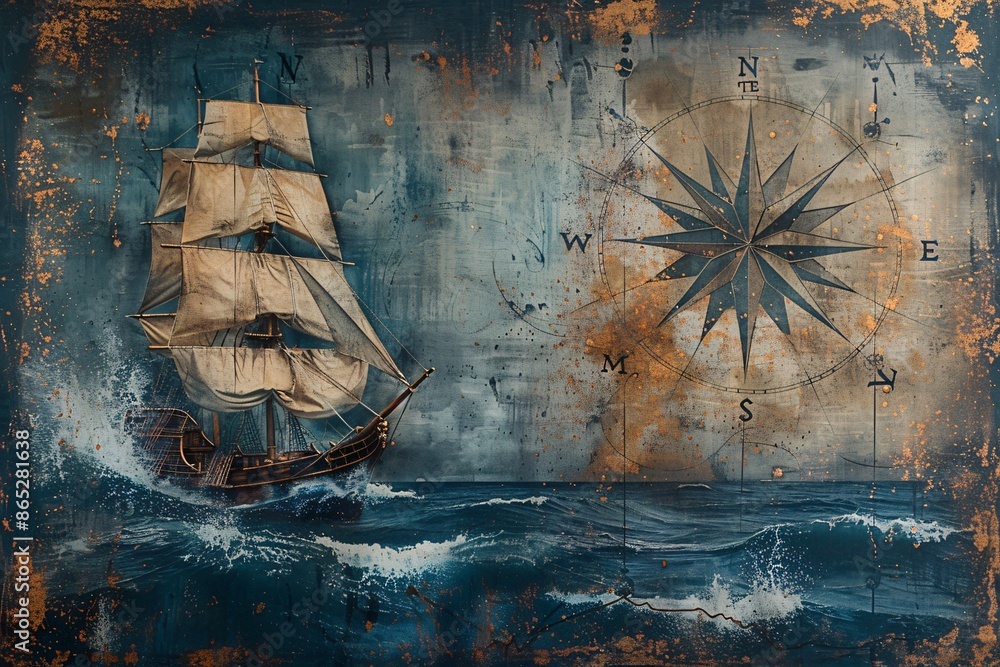 Pirate ship Treasure map antique nautical chart navigation map pattern ...