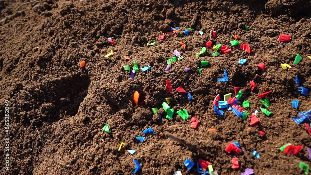 Microplastic pollution. Microplastics in ground. Soil contaminated with ...