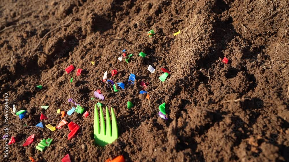 Microplastic pollution. Microplastics in ground. Soil contaminated with ...