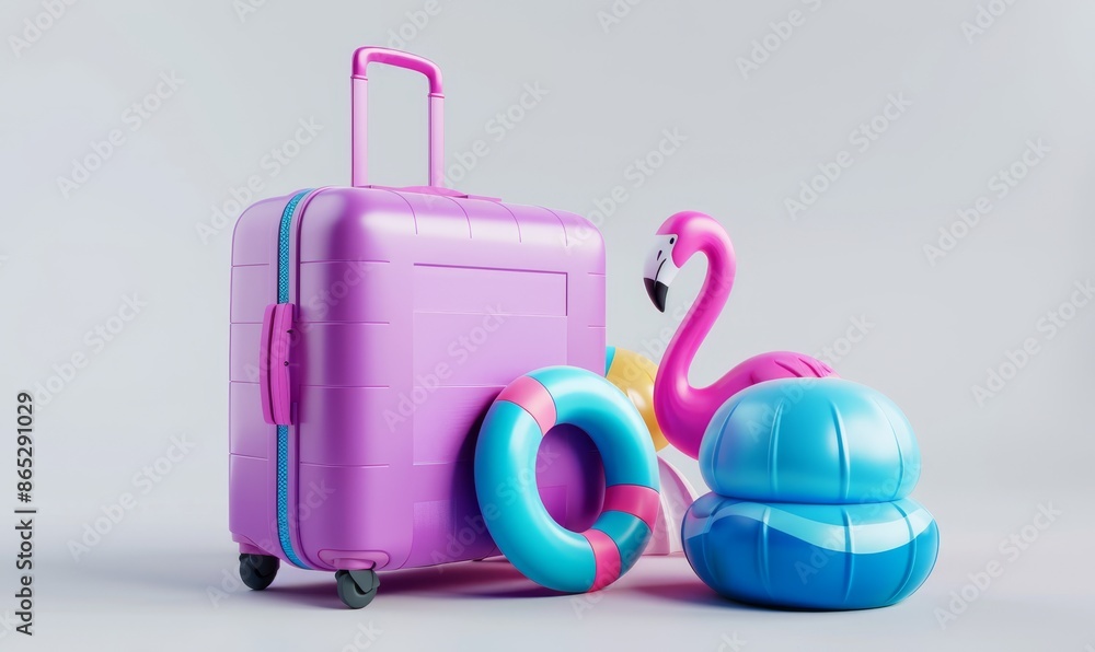 Pink beach vacation with suitcase luggage, inflatable rings, other ...