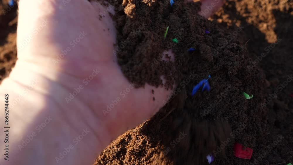 Microplastic pollution. Microplastics in ground. Soil contaminated with ...