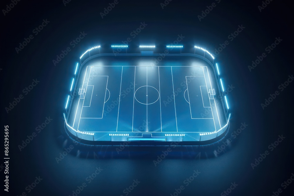 A detailed depiction of a modern football stadium with an illuminated ...