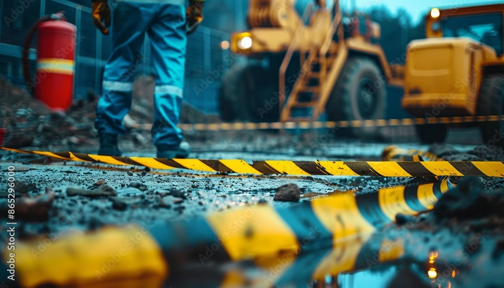 Construction worker utilizing an oxy hot work while caution tape and ...