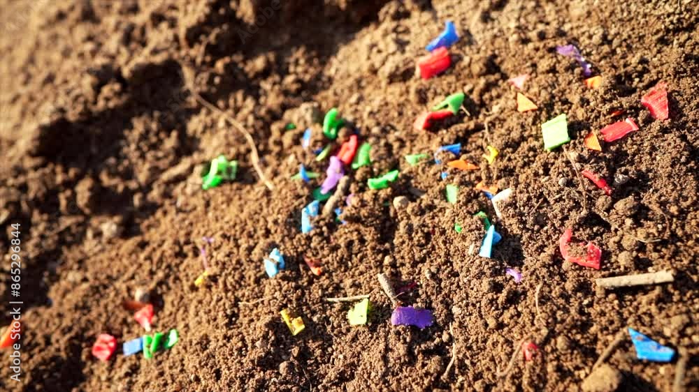 Microplastic pollution. Microplastics in ground. Soil contaminated with ...