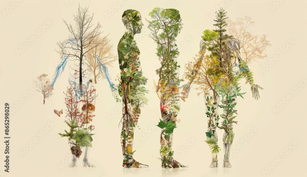 Body shape made of forest, trees, plants, animals, and biomes inside ...