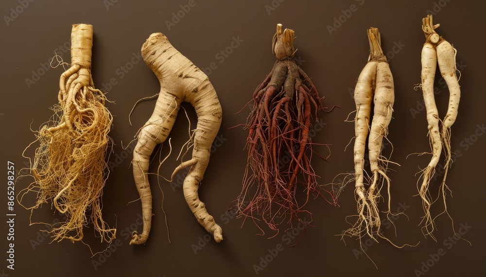Four types of ginseng on a brown background from left to right angelica ...