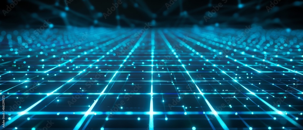 Abstract tech background featuring a dense square grid with neon blue ...