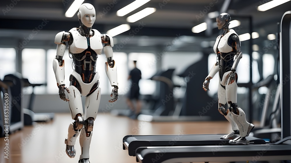 A futuristic humanoid robot is separated against a clear background ...