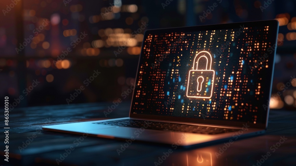 Cybersecurity concept with a laptop displaying a lock icon on screen ...