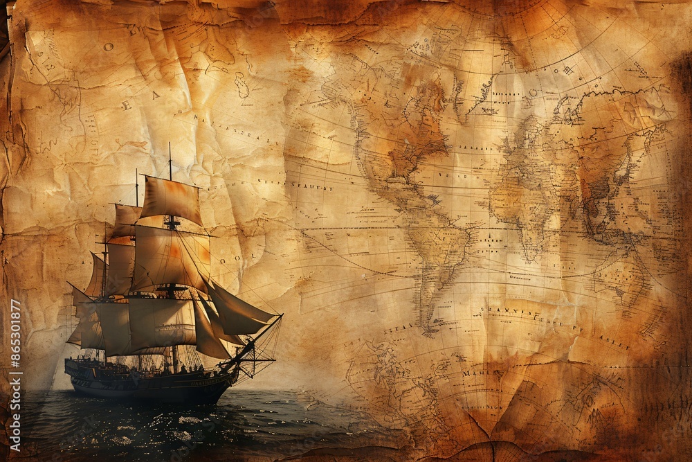 ancient navigation map with pirate ship pattern on old paper texture ...