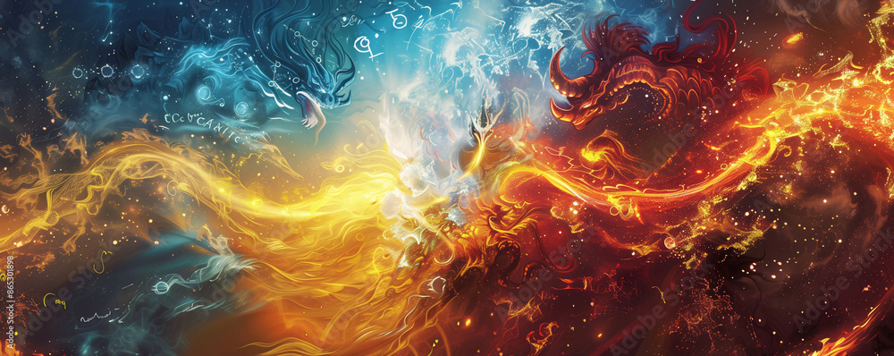 Zodiac Elements Clash: A dynamic scene where the elements of fire ...