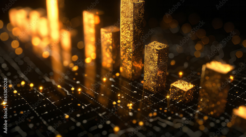 3D golden bar graph with glowing lines on a dark background ...
