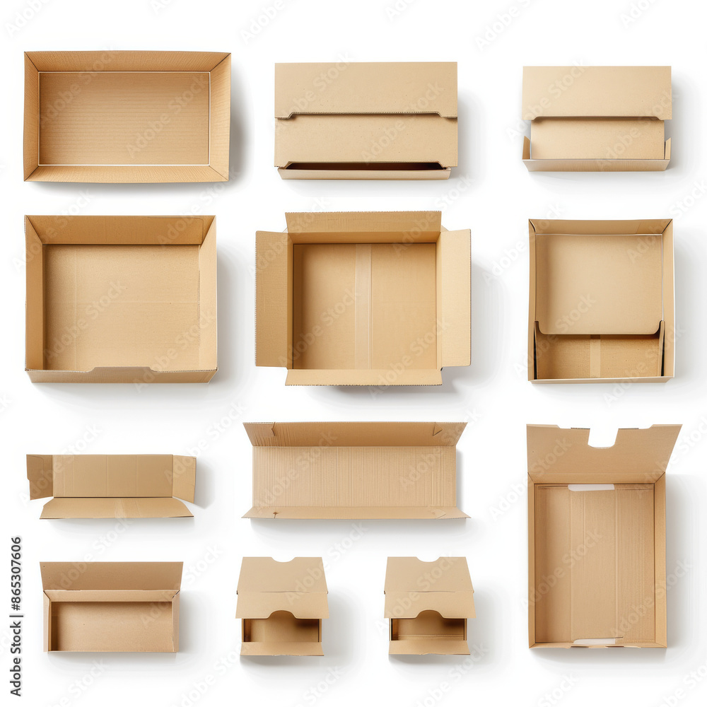 Imagine a set of cardboard packaging boxes, including open and closed ...