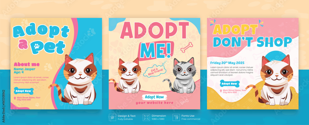 dogs and cats adoption social media post template with cute pets and ...