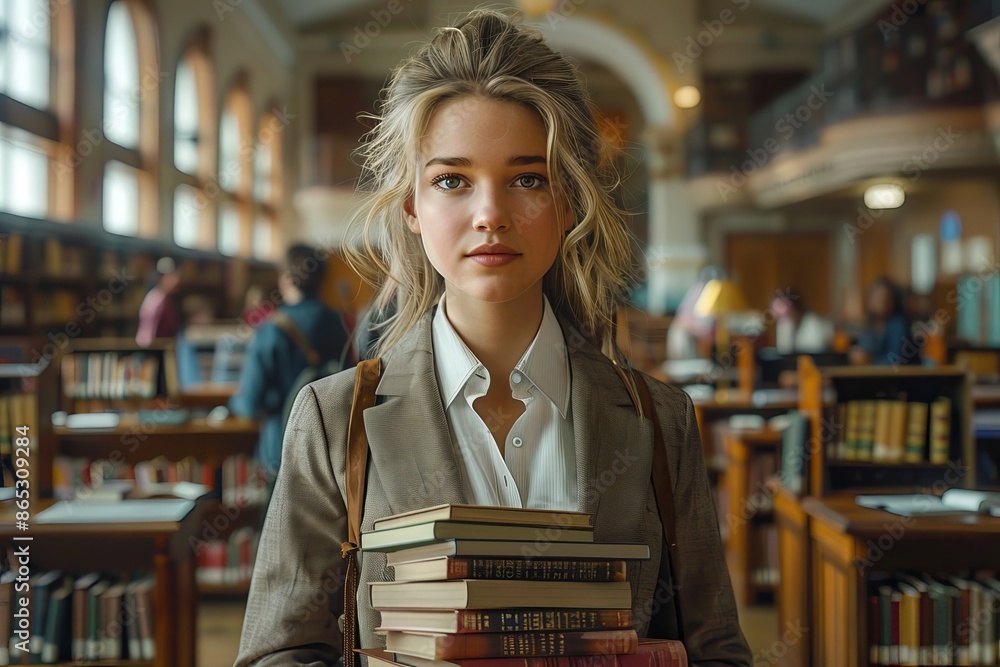 Young woman in a library holding a stack of books, dressed in formal ...