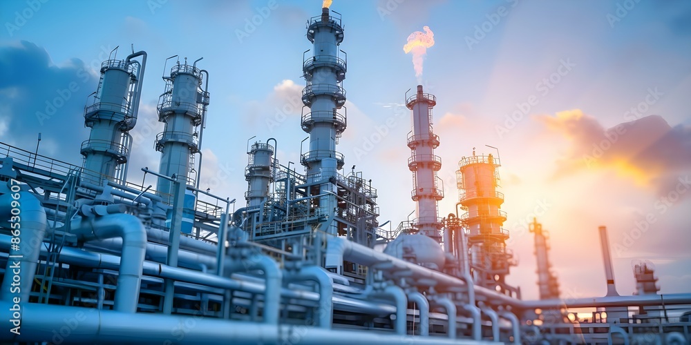 Advanced petrochemical facility with complex piping distillation towers ...