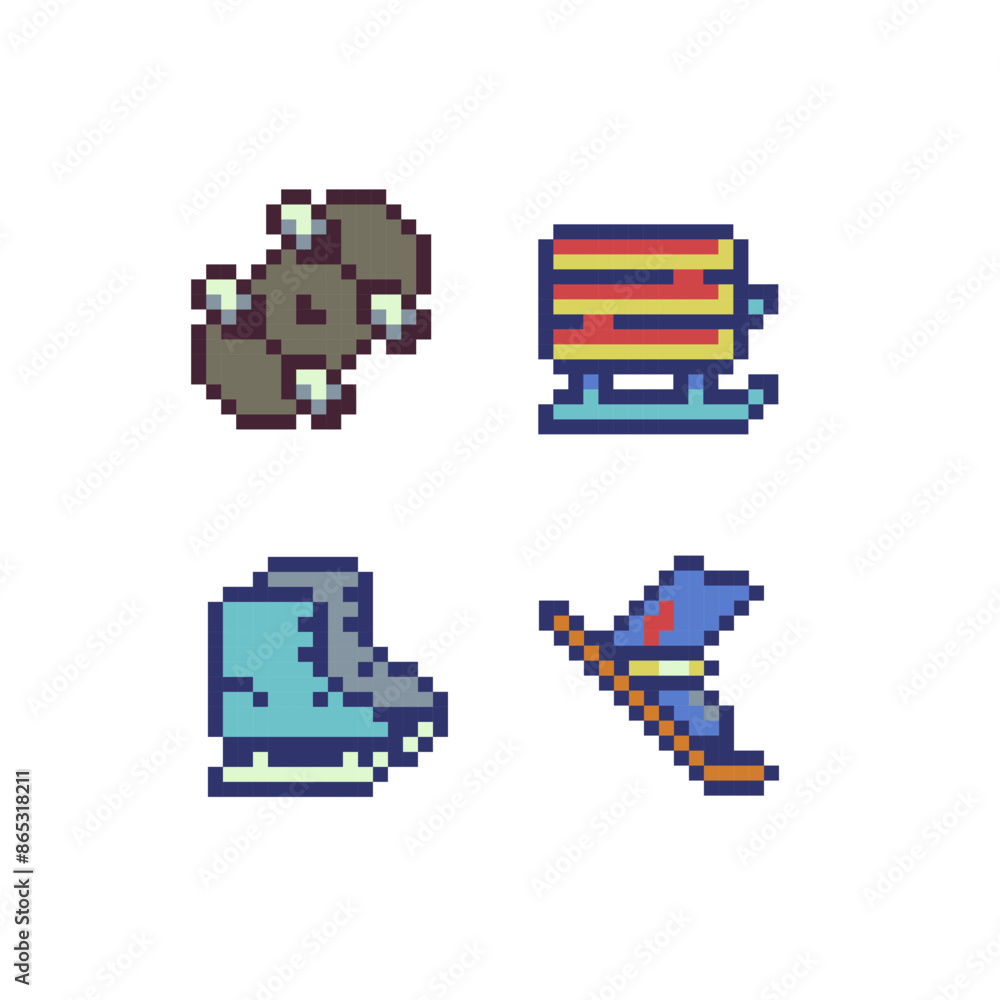 Winter sport pixel art style icons set, emoji. 8-bit sprite. Design for ...