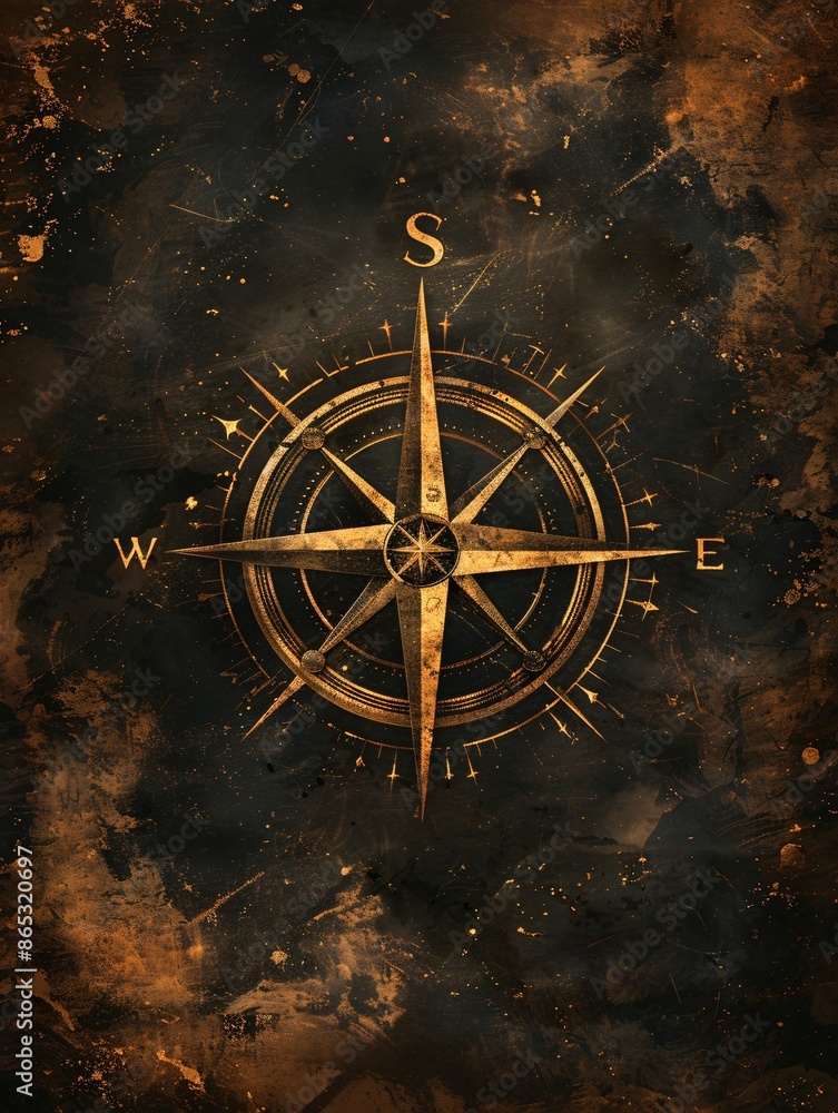 Vintage navigator explorer element , with golden compass in the middle ...