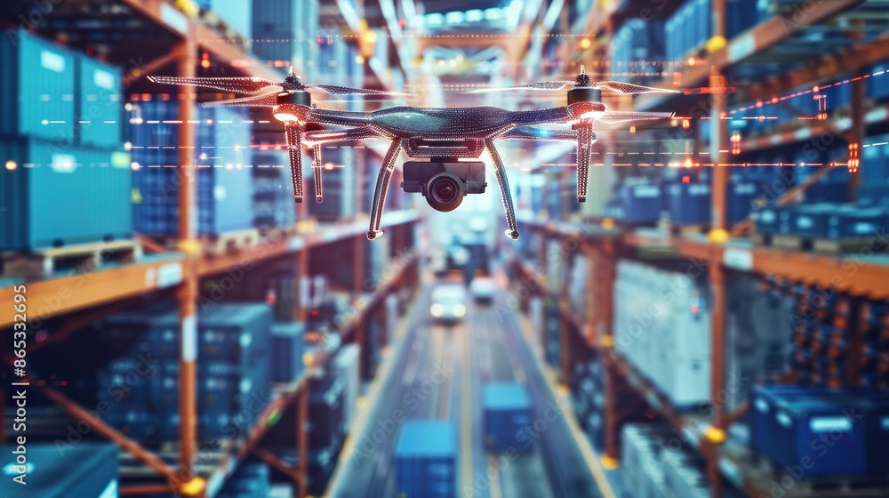 Surveillance drone flying inside a modern warehouse with shelves of ...