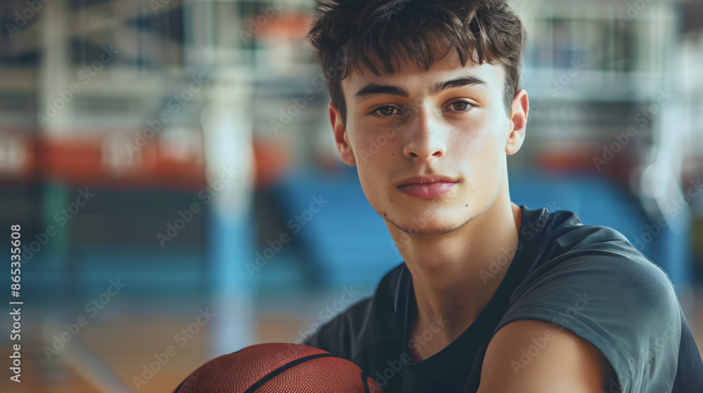 A young basketball player holding a basketball stands in a gymnasium ...