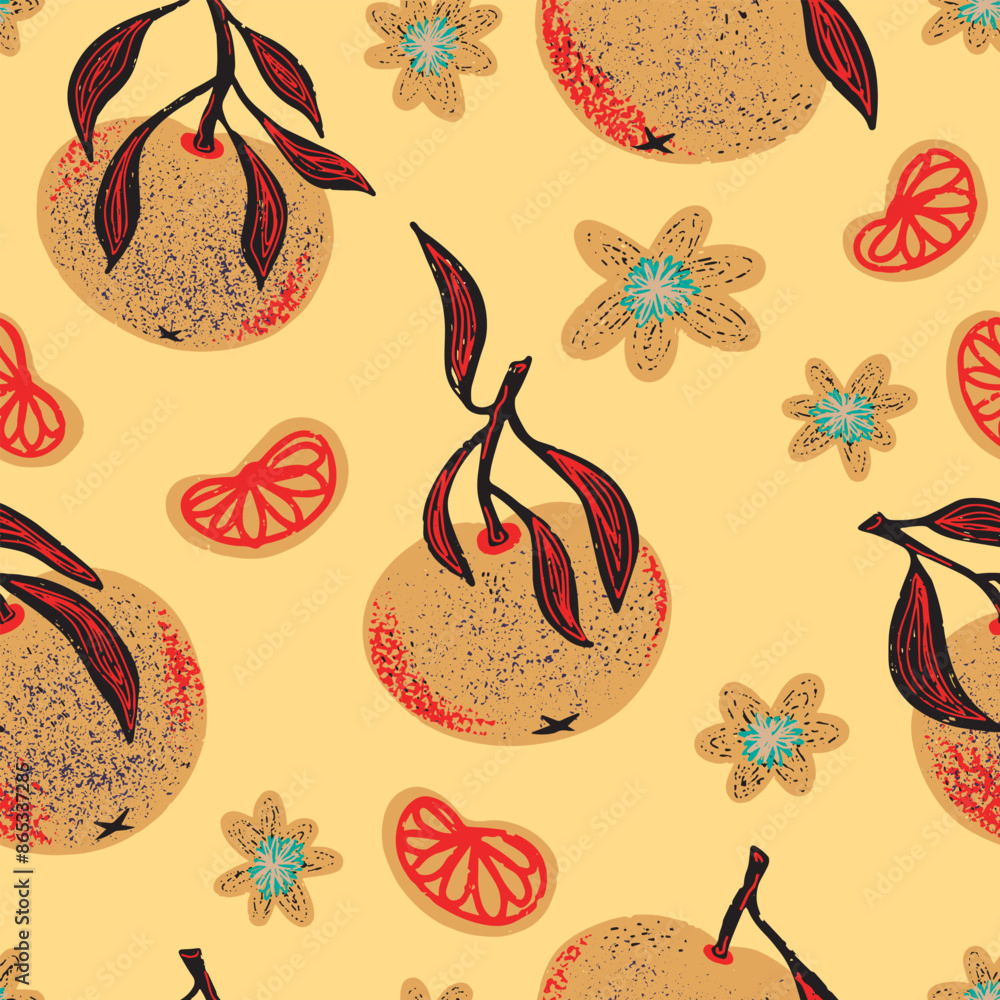 Texture stylized pattern with tangerines seamless endless vector ...