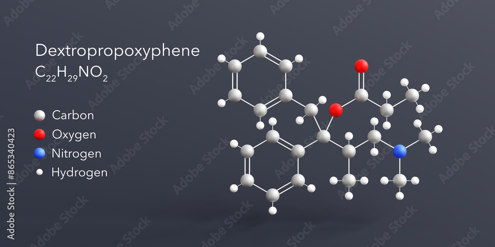 dextropropoxyphene molecule 3d rendering, flat molecular structure with ...