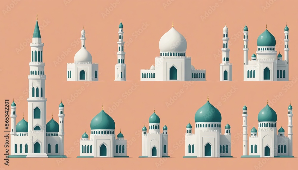 icon set vector art design. mosque. minaret. church. dome. pastel color ...