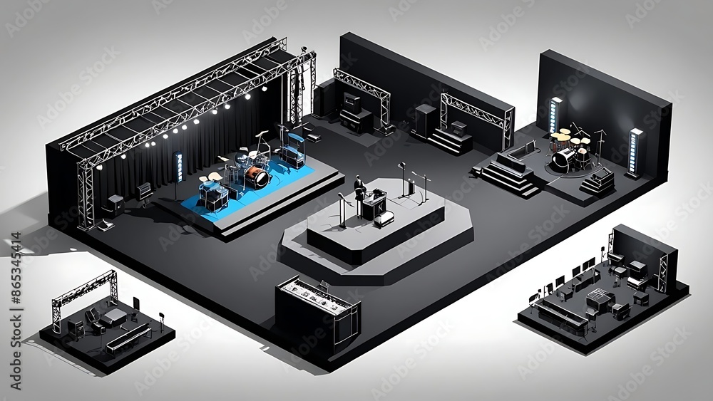 Isometric illustration of a concert stage setup with drum kit ...