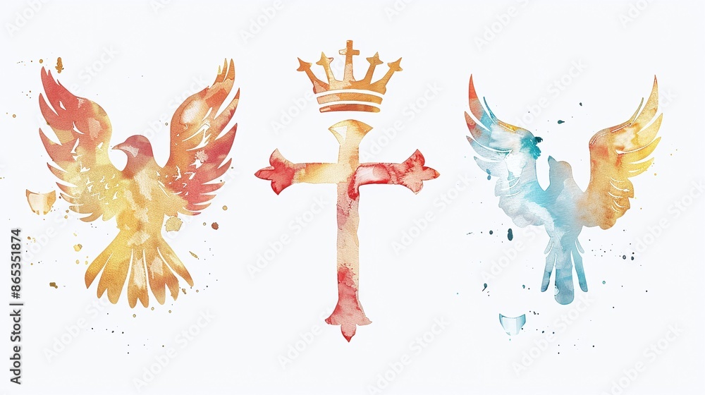 Holy Trinity symbols. Cross, crown and dove of Holy Spirit. Watercolor ...