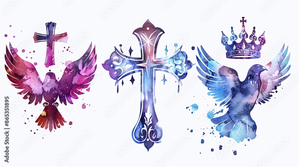 Holy Trinity symbols. Cross, crown and dove of Holy Spirit. Watercolor ...