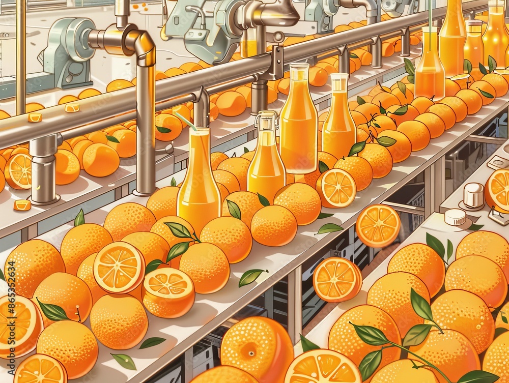 Illustration depicting the industrial steps of orange juice production ...