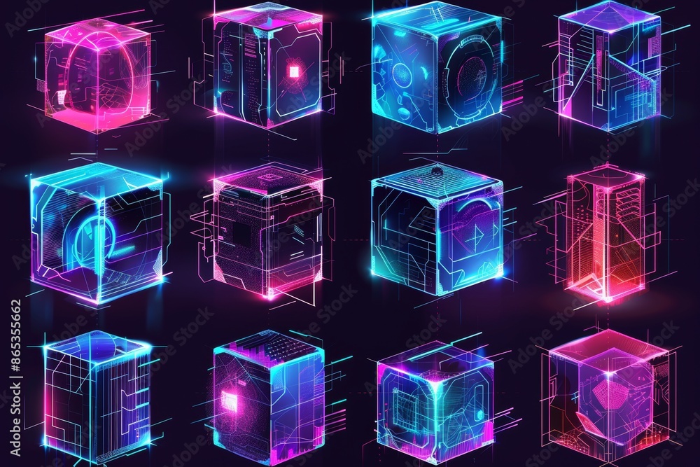 Modern set of HUDs, Y2k, retrofuturistic 3D shapes, streetwear prints ...