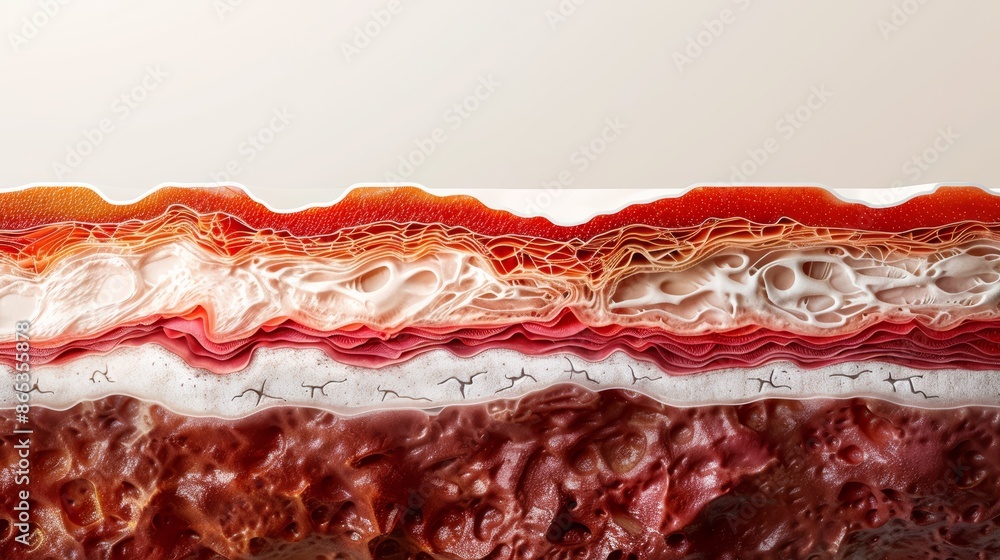 Anatomical illustration of skin cross-section, displaying cellular ...