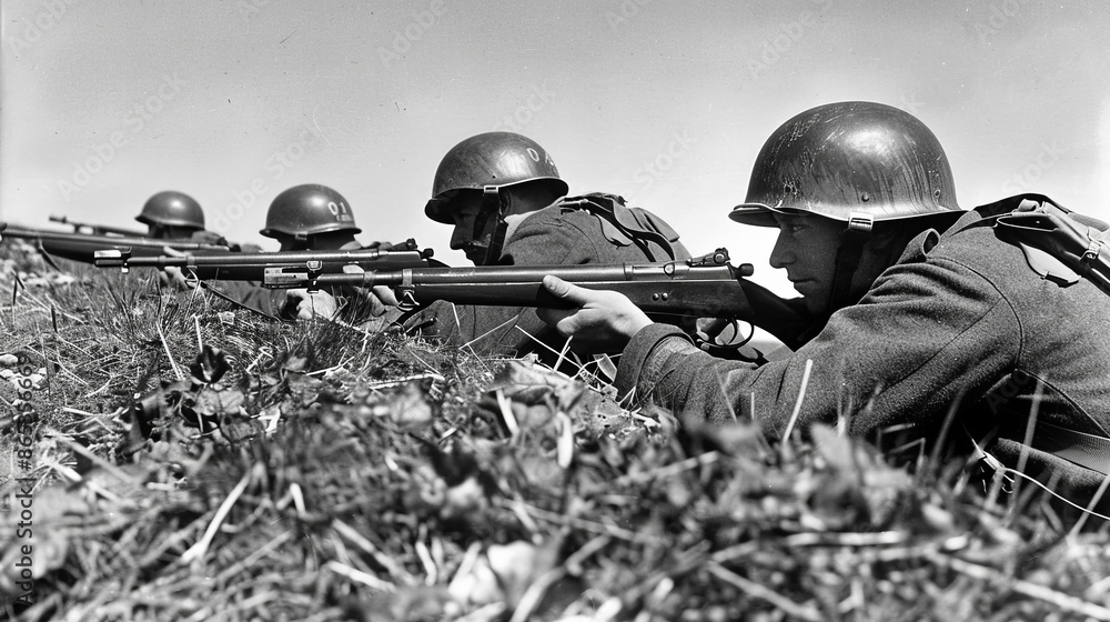 Squad of Allied soldiers engaging in combat during World War II - black ...