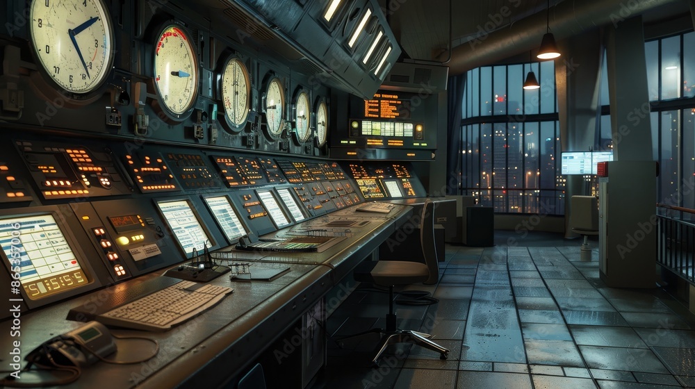 Subway control room interior with control panels and displays for ...
