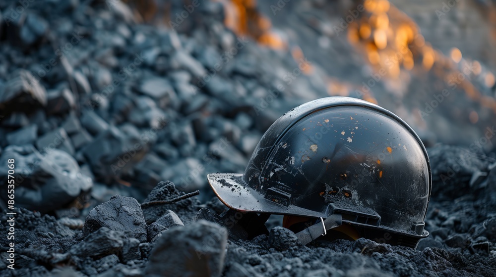 A miner's helmet lying on the coal surface of a mine. The helmet shows ...