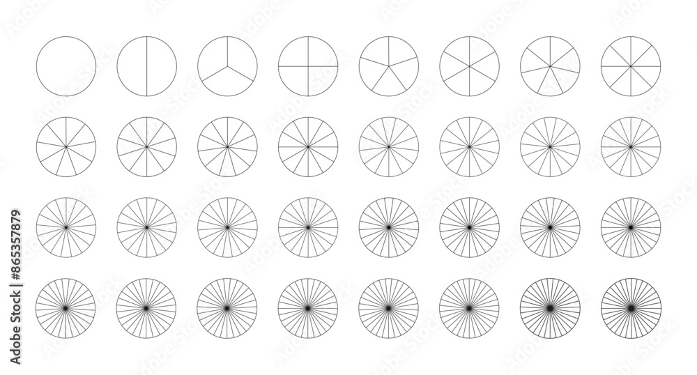 Pie, pizza charts template set. Segmented charts from 1 to 32 ...