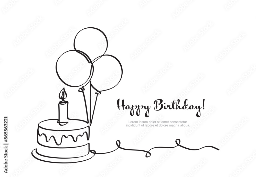 Birthday cake in continuous line art drawing style. Traditional ...