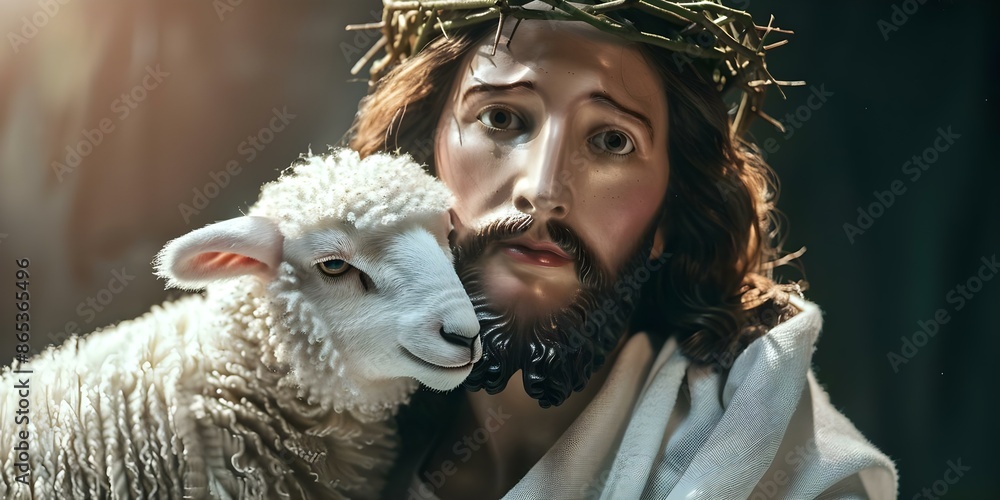 Depiction of Jesus as the Good Shepherd tenderly carrying a lost lamb ...