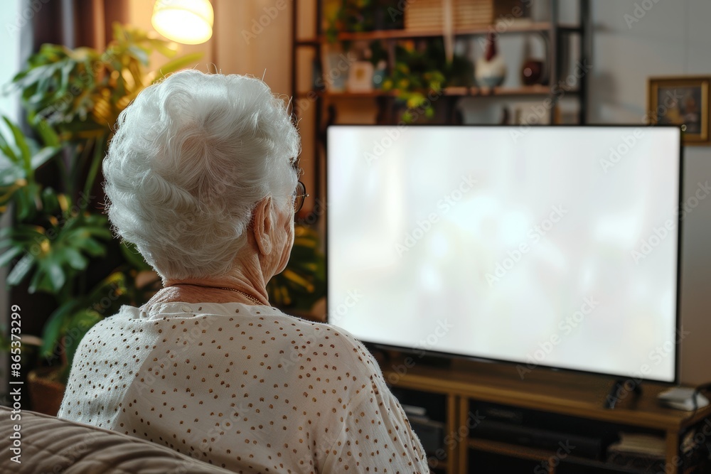Ui mockup through a shoulder view of a senior woman in front of an ...