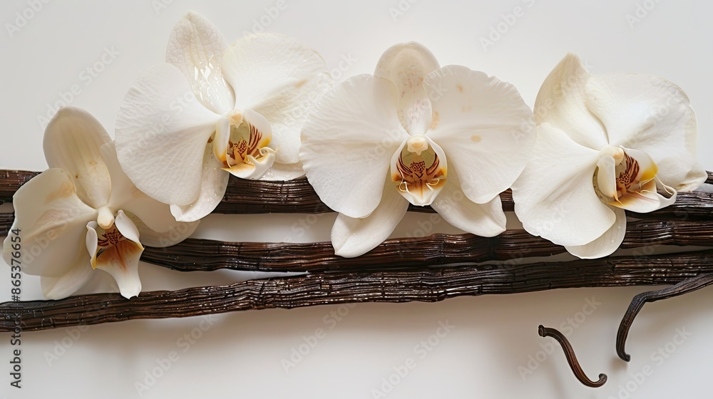 Artistic display of vanilla orchid bloom and aromatic vanilla sticks on ...