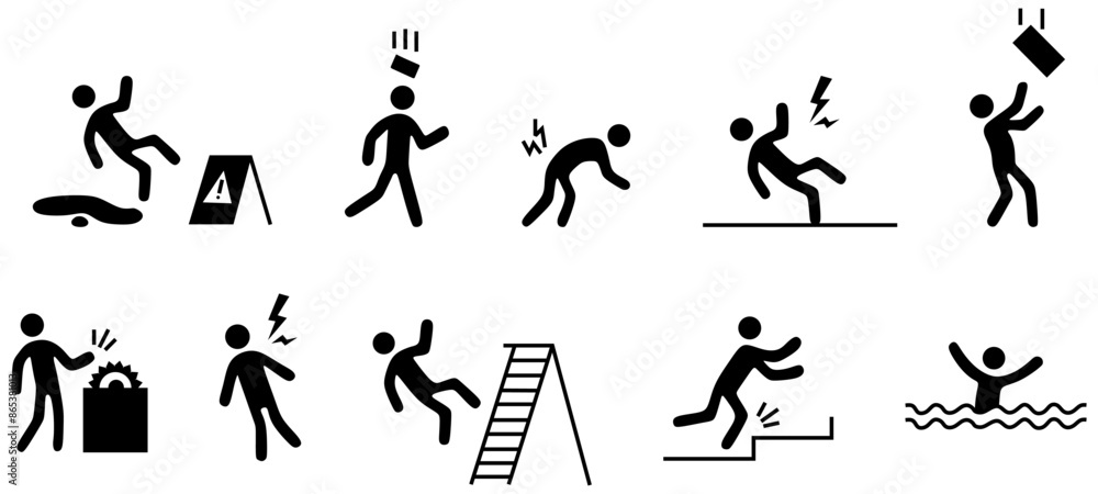 Accident pictogram man icon. Work safety, injury caution, hazard ...